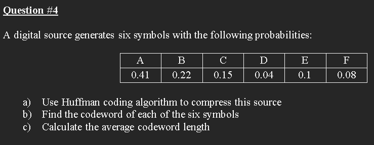 Solved Question #4 A digital source generates six symbols | Chegg.com