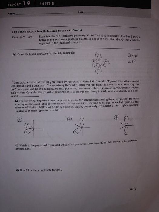 Solved REPORT 19 SHEET S Date Name The VSEPR AX,E, class | Chegg.com