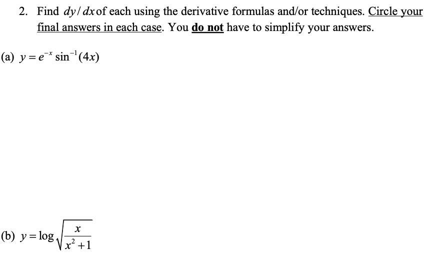 Solved 2. Find dy/dx of each using the derivative formulas | Chegg.com