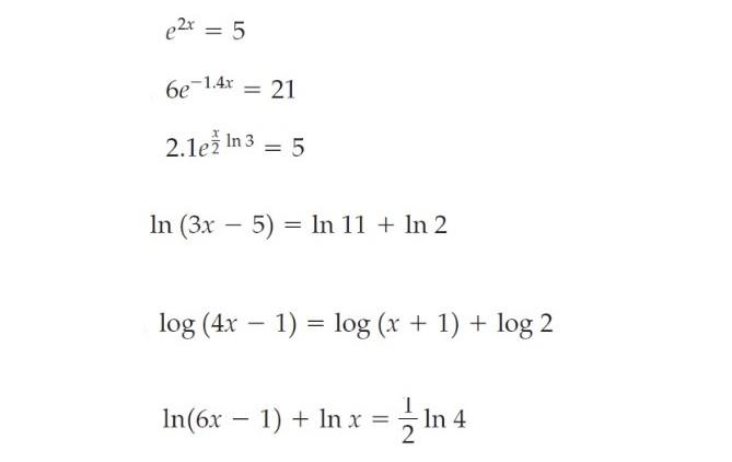 Solved e2x = 5 6e-1.4x = 21 2.1ež In 3 5 In (3x – 5) = In 11 | Chegg.com