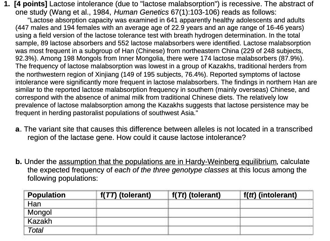 Solved 1. [4 ﻿points] ﻿Lactose intolerance (due to "lactose | Chegg.com