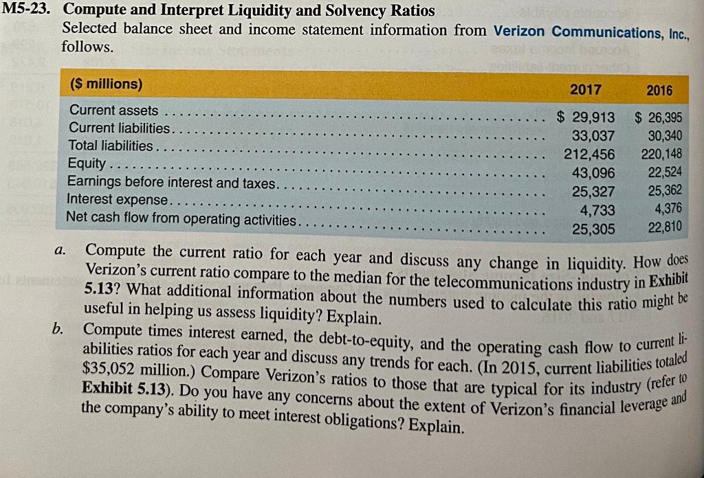 Solved M5-23. Compute and Interpret Liquidity and Solvency | Chegg.com