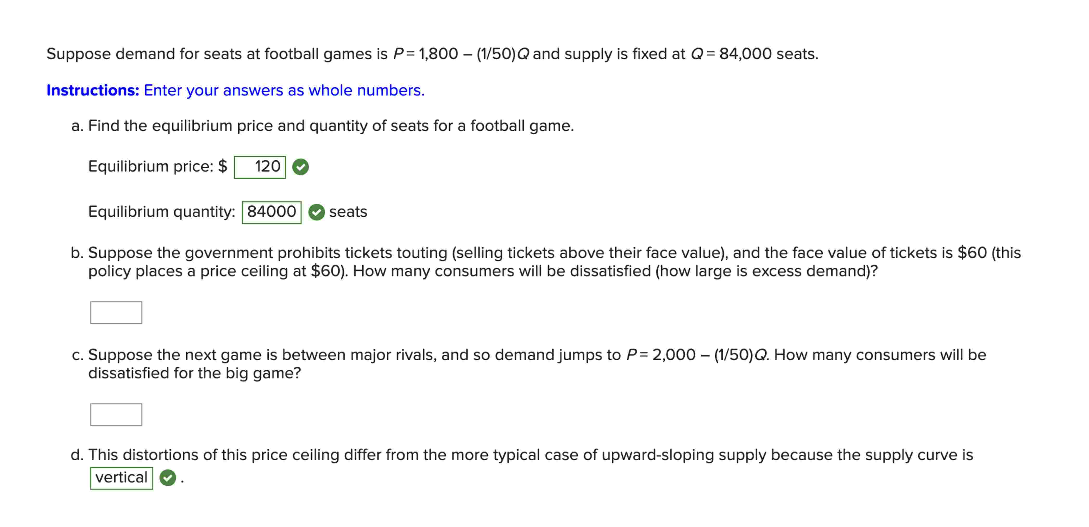 Solved Suppose demand for seats at ﻿football games | Chegg.com