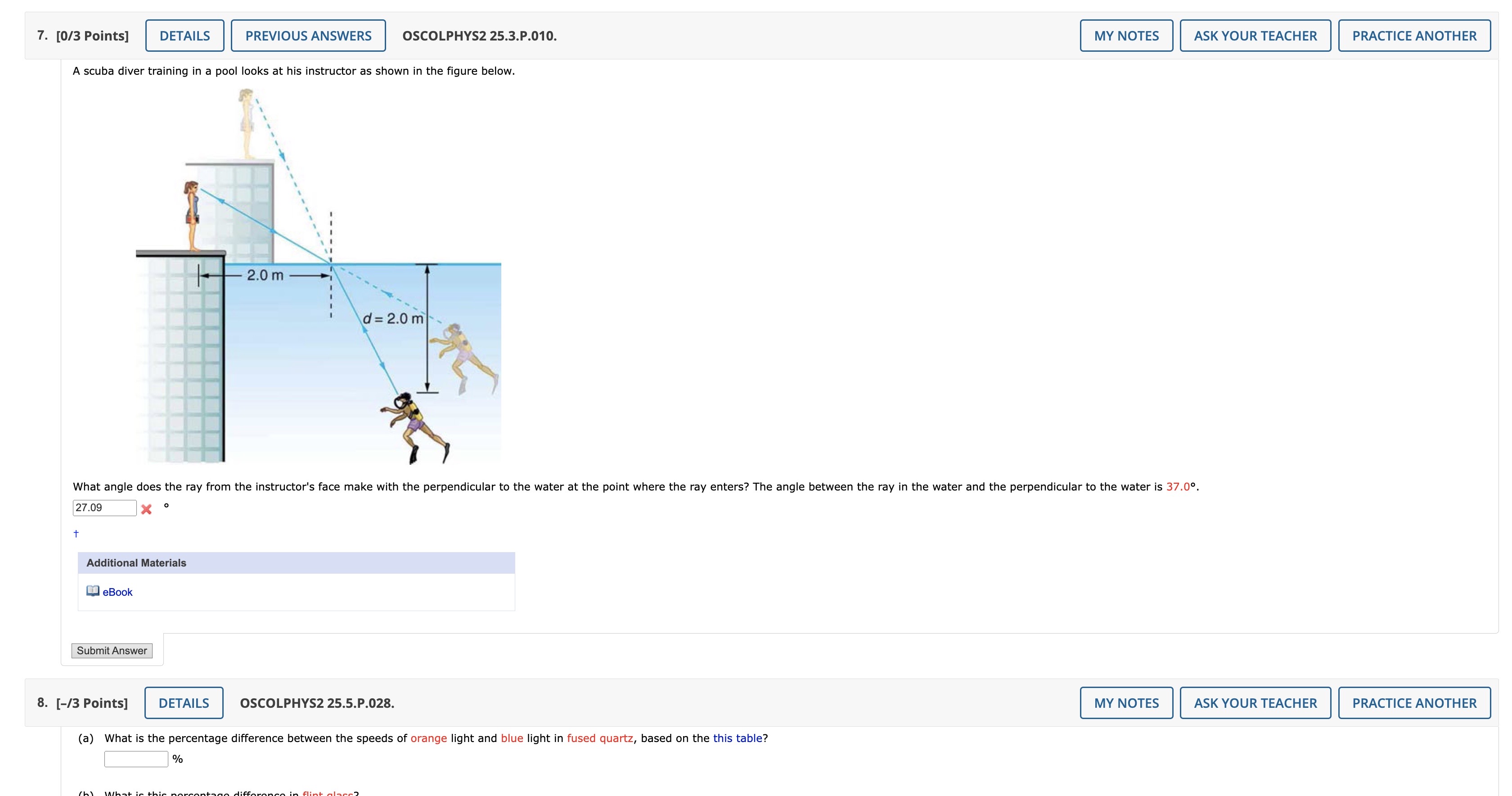 Solved A scuba diver training in a pool looks at his | Chegg.com