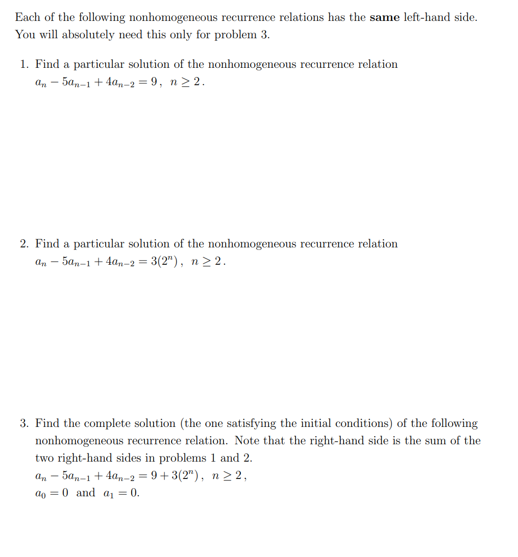 Solved Each of the following nonhomogeneous recurrence | Chegg.com