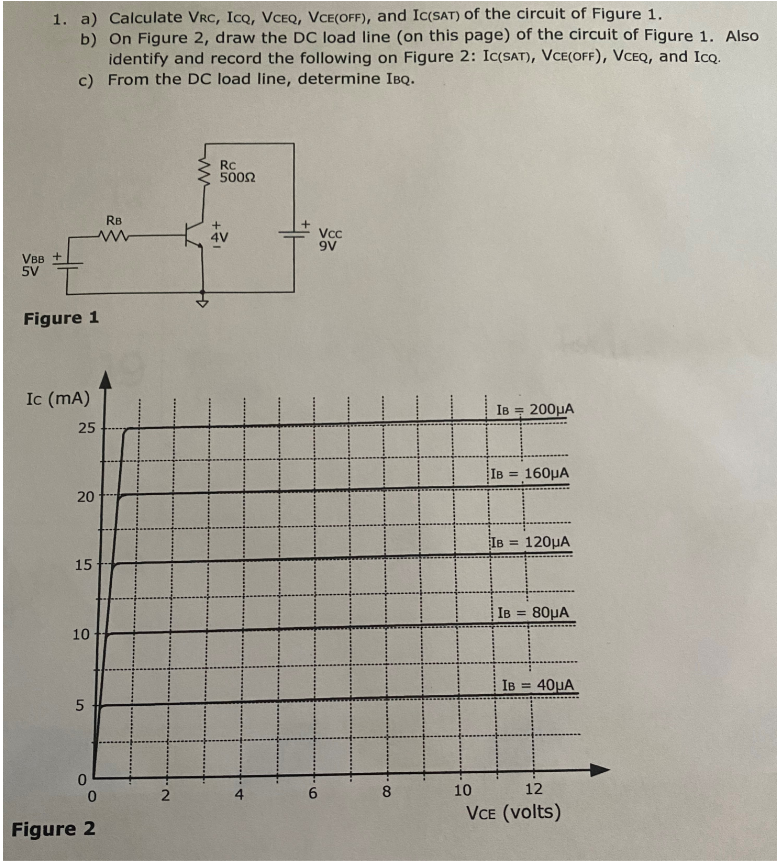 Solved 1. a) Calculate VRC, ICQ, VCEQ, VCE(OFF), and IC(SAT) | Chegg.com
