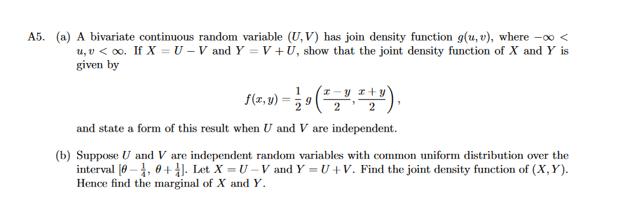 Solved A5. (a) A bivariate continuous random variable (U, V) | Chegg.com