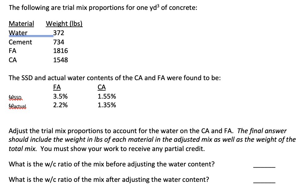 Solved The following are trial mix proportions for one yd3 | Chegg.com