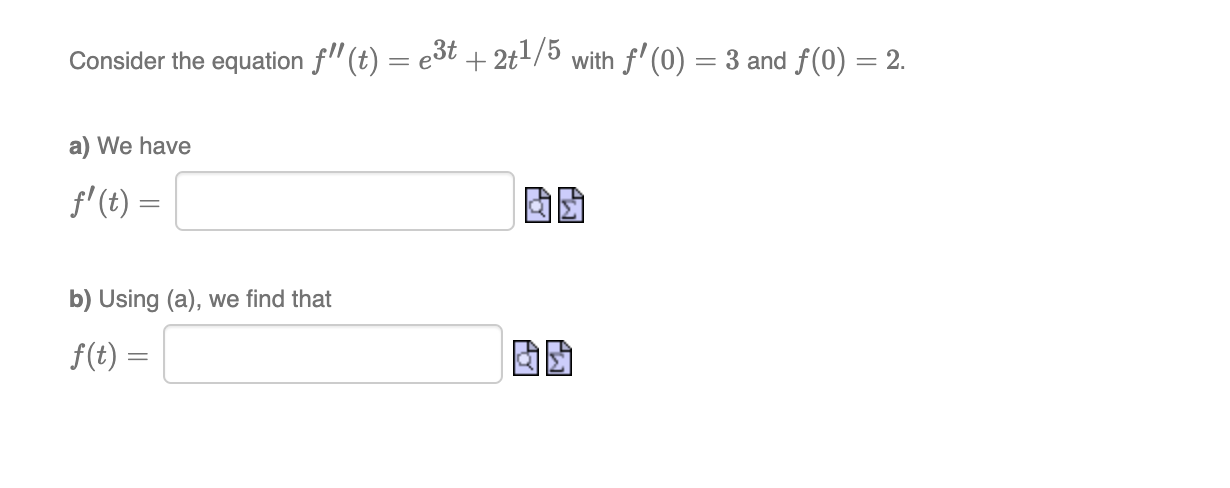Solved Consider the equation f''(t)=e3t+2t15 ﻿with f'(0)=3 | Chegg.com