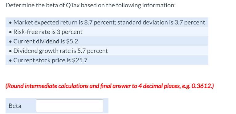 Solved Determine the beta of QTax based on the following | Chegg.com