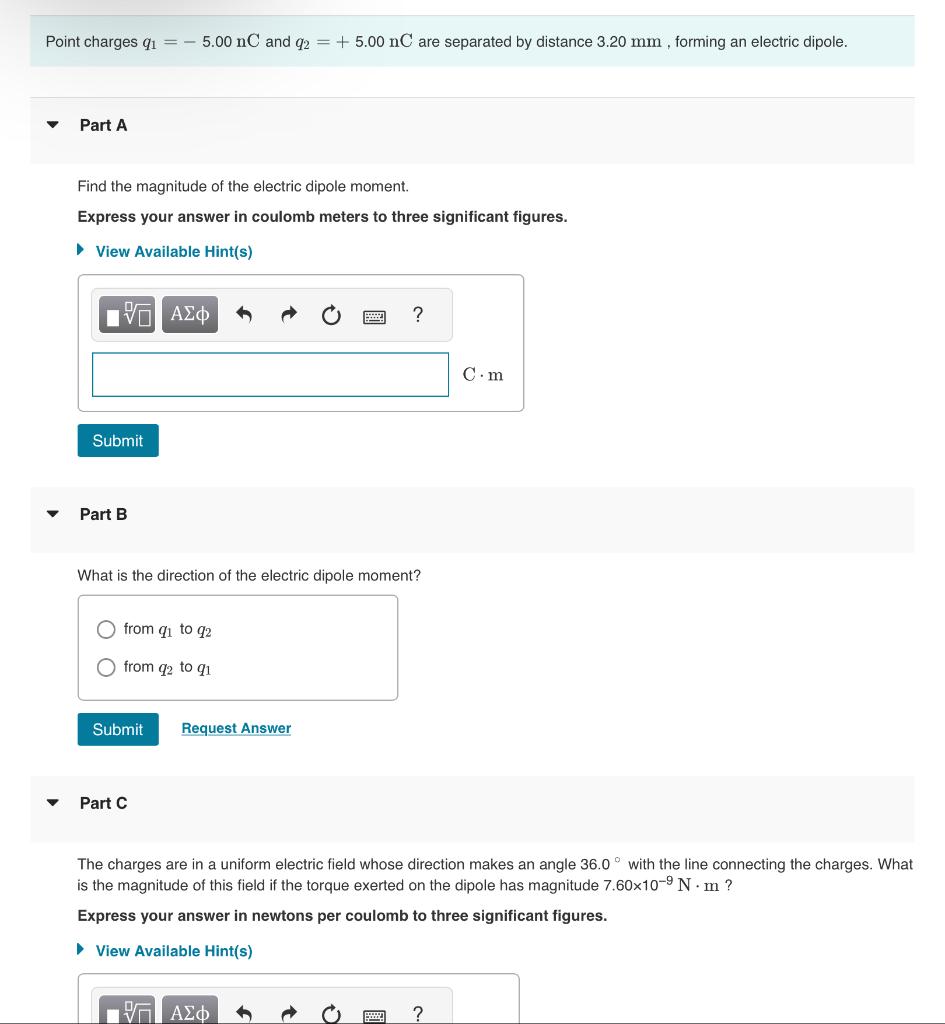 Solved Point charges q1=−5.00nC and q2=+5.00nC are separated | Chegg.com