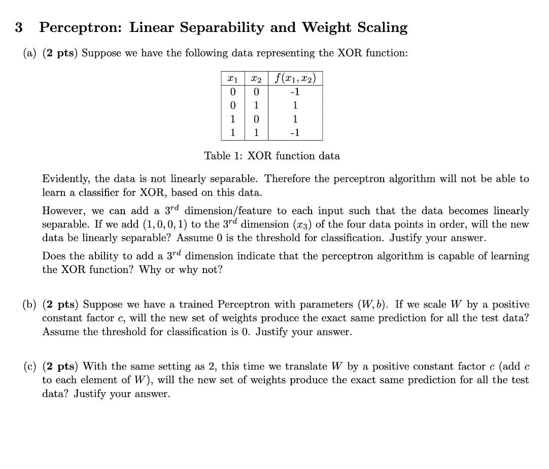 Solved 3 Perceptron Linear Separability And Weight Scaling