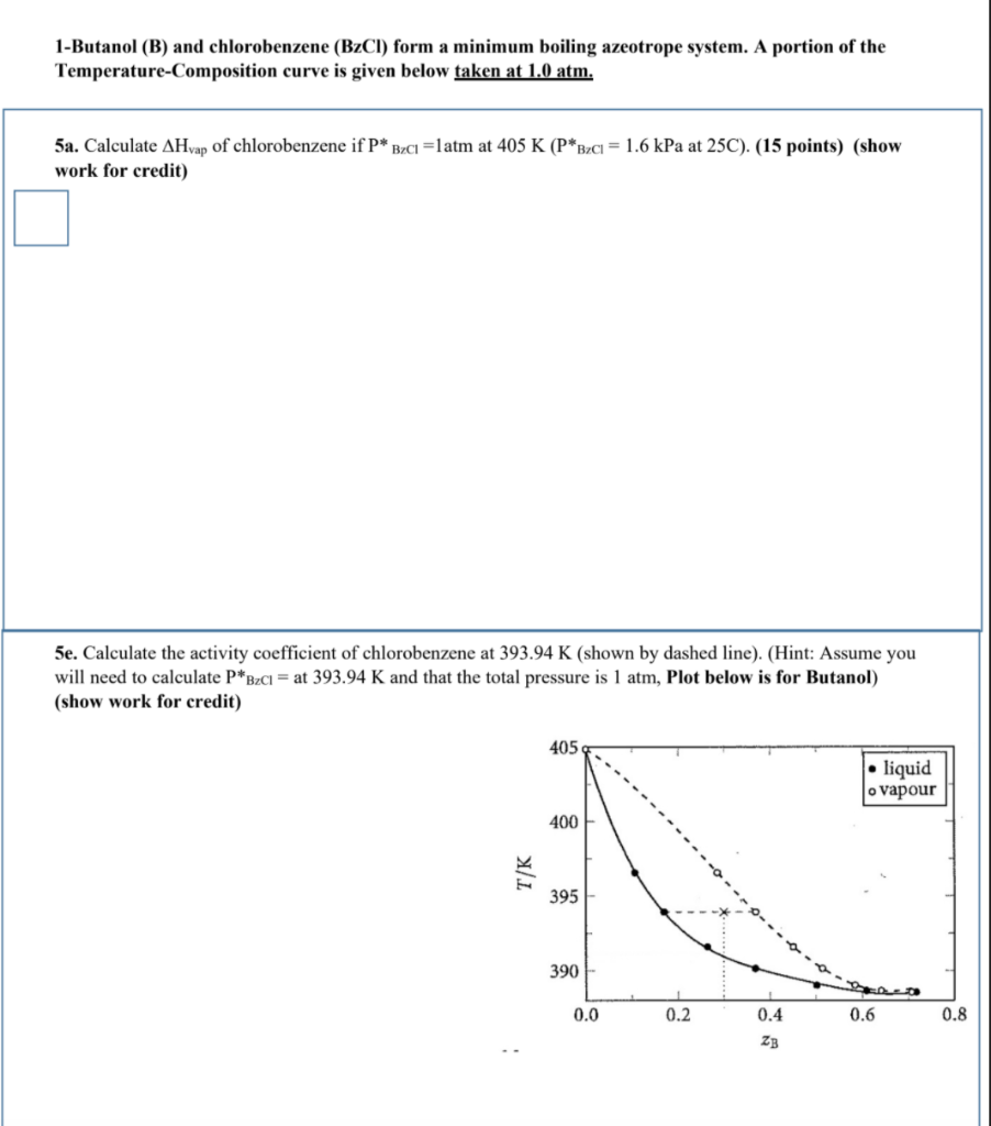 Solved 1-Butanol (B) and chlorobenzene (BzCl) form a minimum | Chegg.com