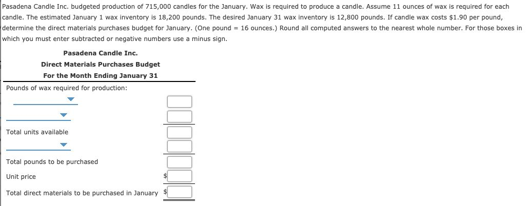 Solved Pasadena Candle Inc. budgeted production of 715,000 | Chegg.com