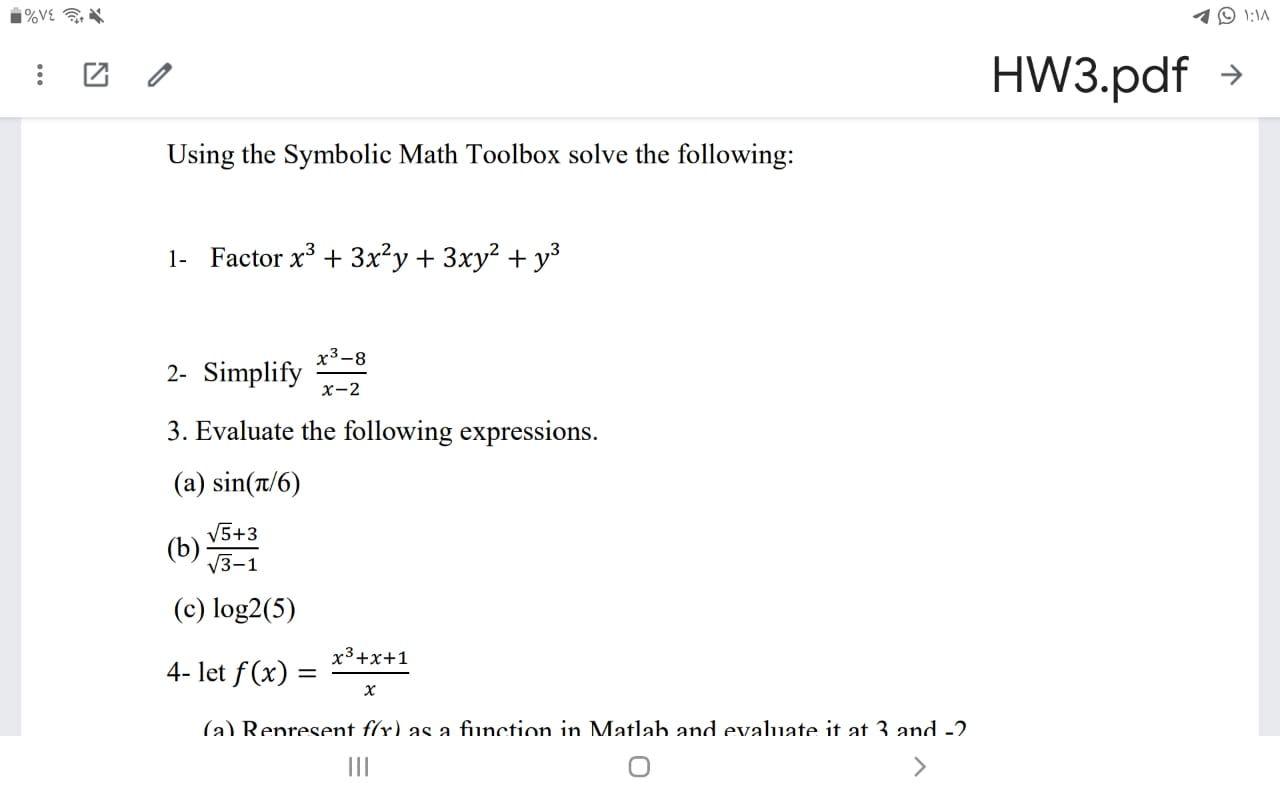 Solved %VE : HW3.pdf → Using the Symbolic Math Toolbox solve | Chegg.com