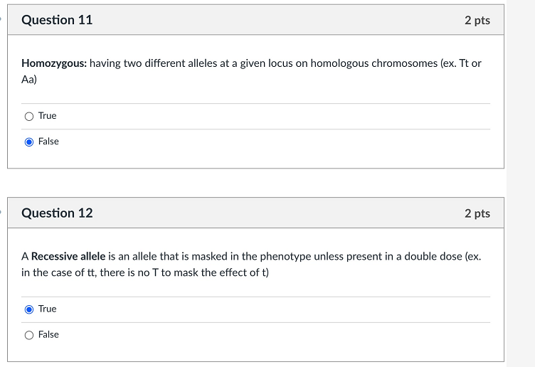 Solved Question 11 2 pts Homozygous: having two different | Chegg.com