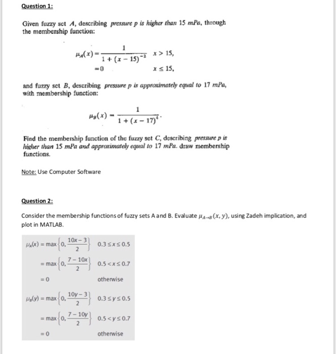 Solved Question 1 Given fuzzy sct A, describing pressure p | Chegg.com