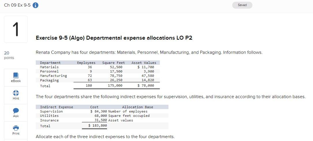 Solved Exercise 9-5 (Algo) Departmental expense allocations | Chegg.com