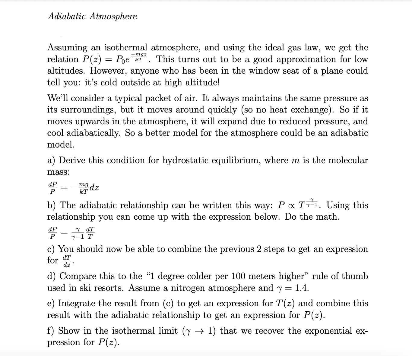Solved Assuming an isothermal atmosphere, and using the | Chegg.com