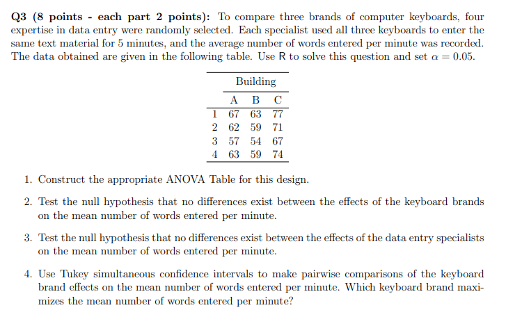 Solved Q3 (8 points - each part 2 points): To compare three | Chegg.com