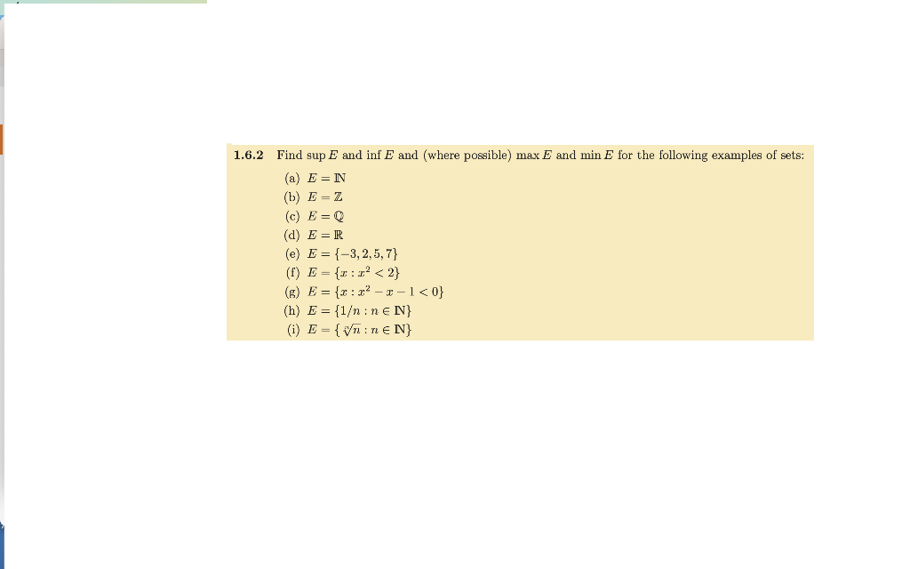 Solved 1.6.2 Find supE and infE and (where possible) maxE | Chegg.com