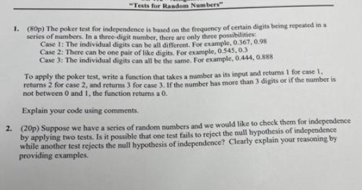 Solved 1. (80p) The poker test for independence is based on | Chegg.com