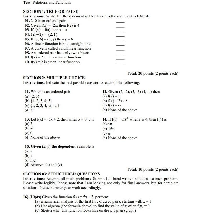 Solved Test: Relations and Functions SECTION 1: TRUE OR | Chegg.com