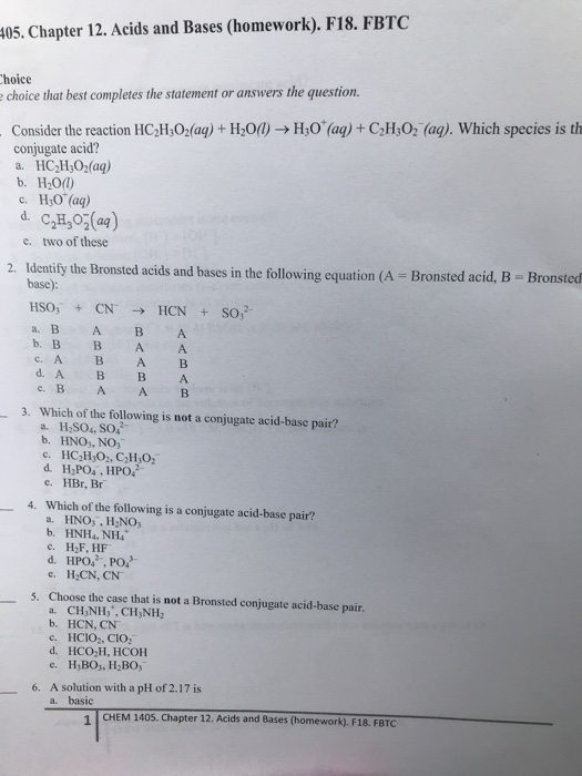 Solved 105. Chapter 12. Acids and Bases (homework). F18. | Chegg.com