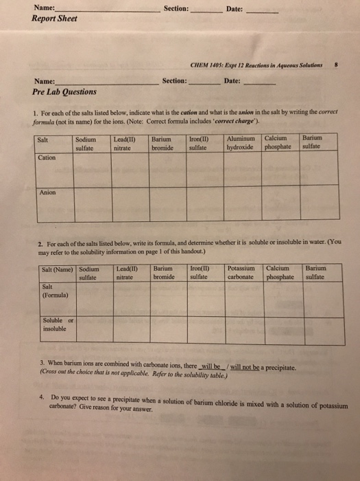 Solved Name: Report Sheet Section: Date: CHEM 1405: Expt 12 | Chegg.com