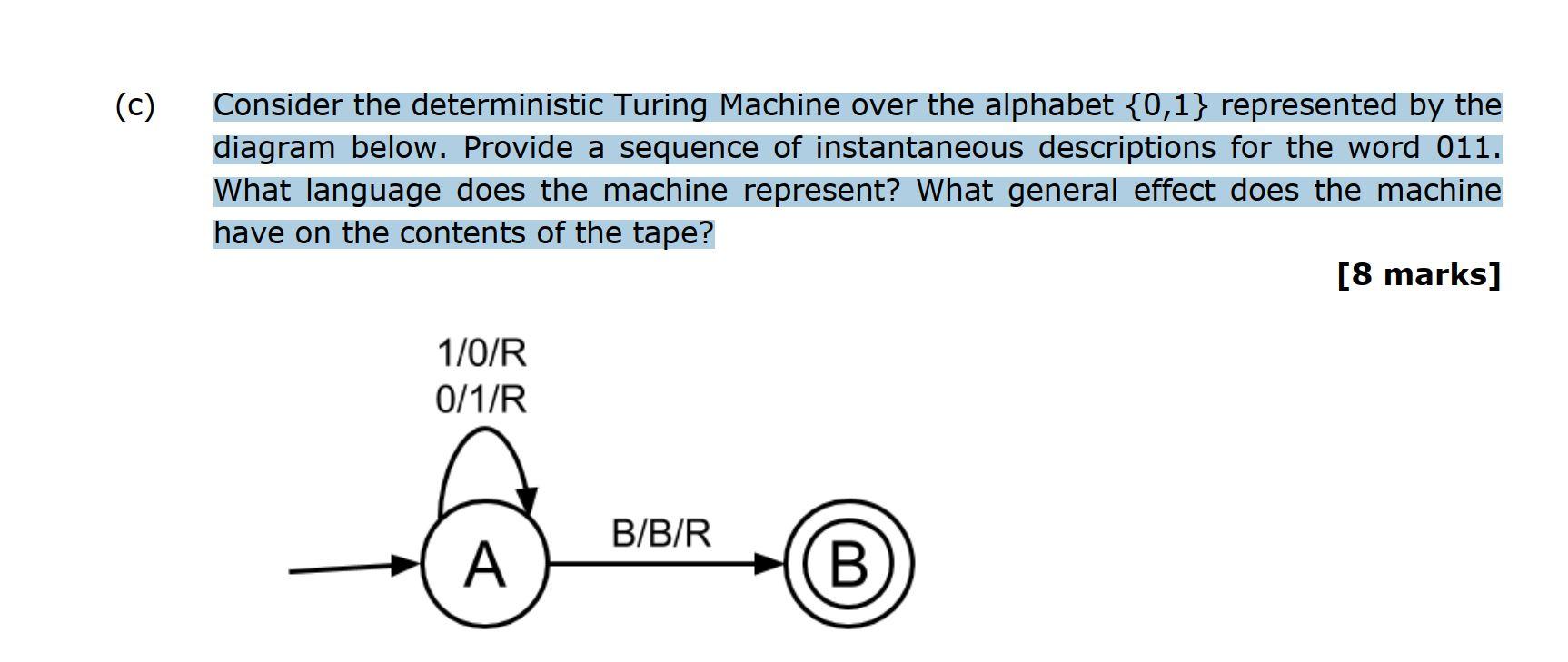 Solved Consider the deterministic Turing Machine over the | Chegg.com