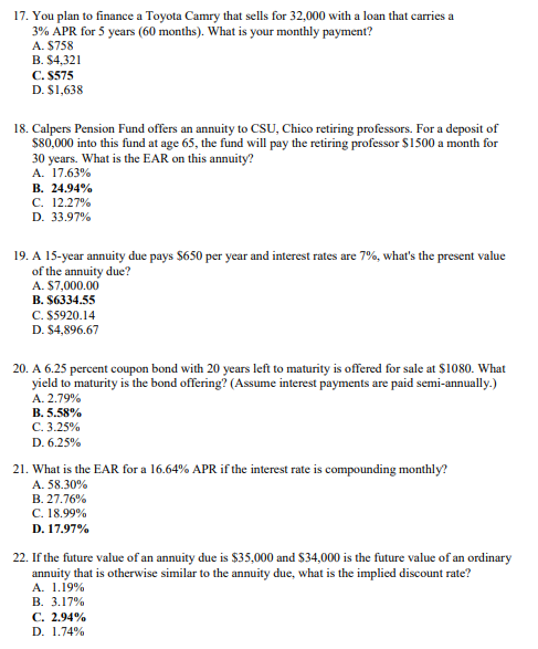 Solved study guide for finance, Professor provided correct | Chegg.com