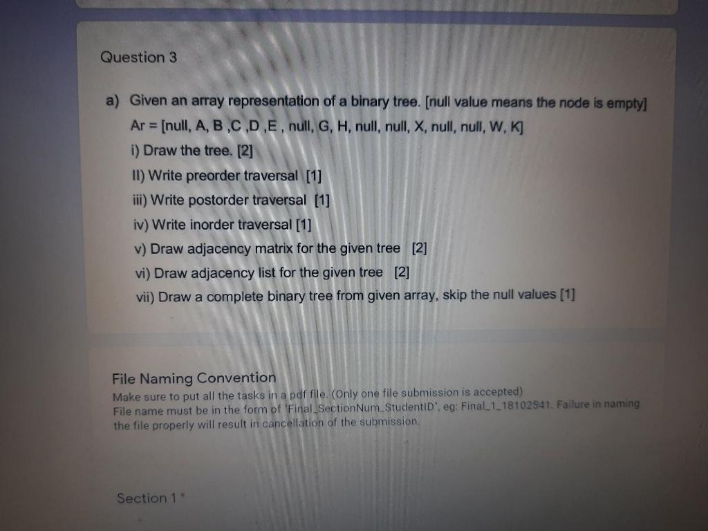 Solved Question 3 A Given An Array Representation Of A 7336
