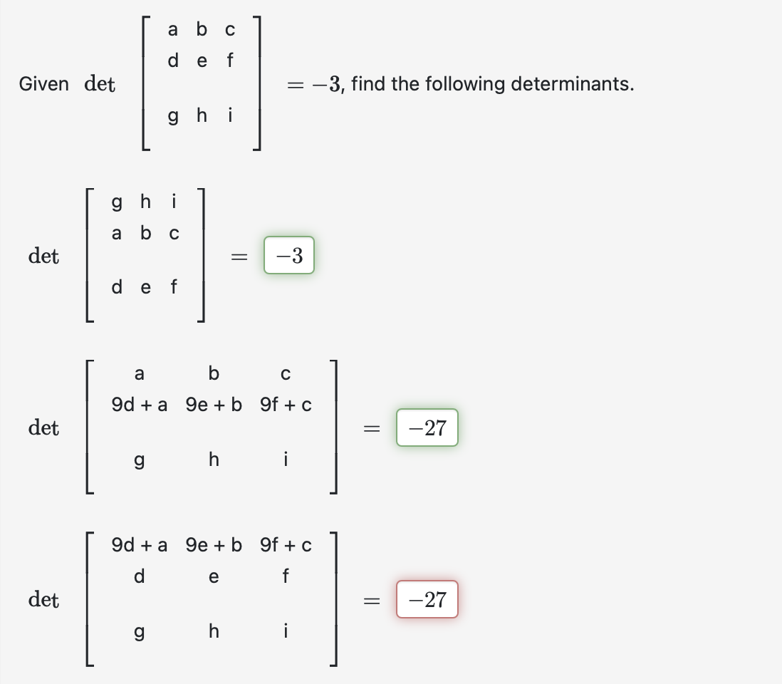 Solved Given det[abcefhi]ggd=-3, ﻿find the following | Chegg.com