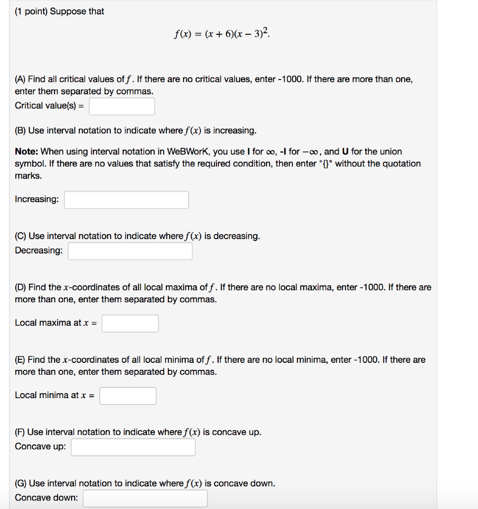 Solved (1 point) Suppose that f(x) (x 6)x - 3)2. (A) Find | Chegg.com ... Solved (1 point) Suppose that f(x) (x 6)x - 3)2. (A) Find | Chegg.com ...