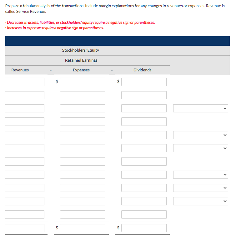 Prepare a tabular analysis of the transactions. | Chegg.com