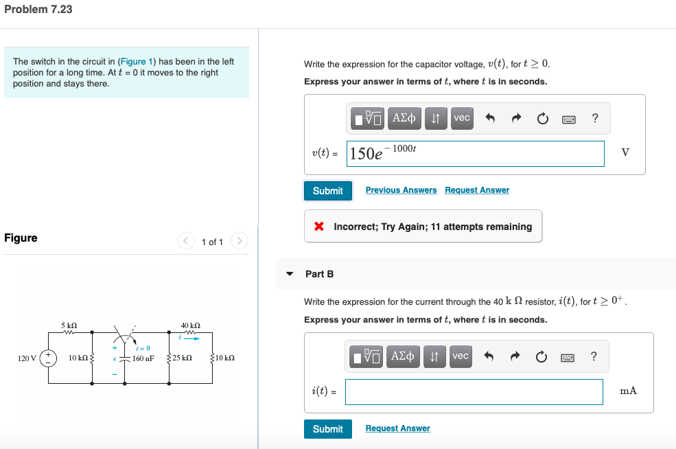 Solved Problem 7.23 The switch in the circuit in (Figure 1) | Chegg.com