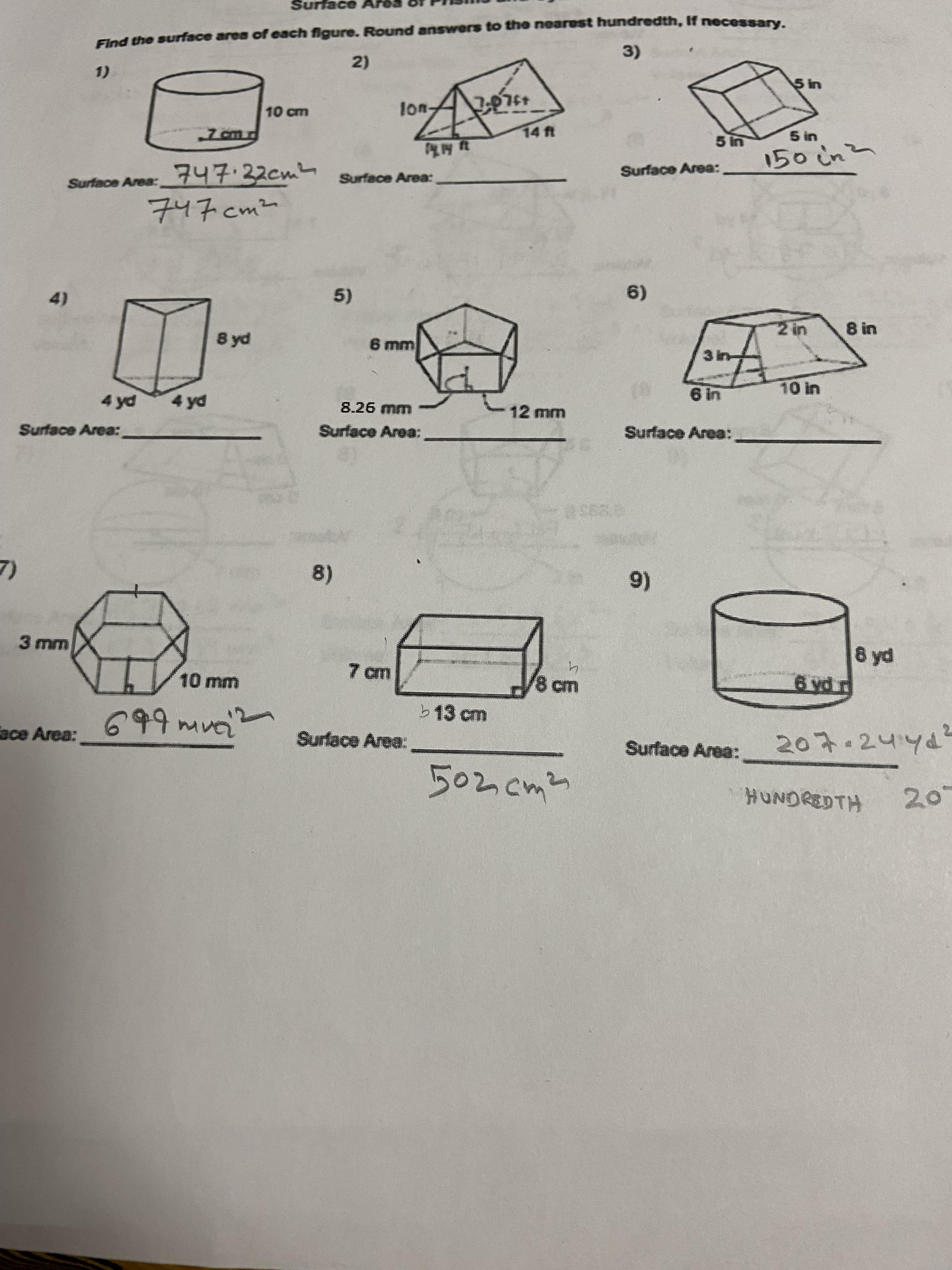 Solved 2) 3) Surface Area: 6) Surtace Area: 9) Surface Area: | Chegg.com