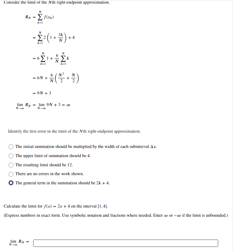 Solved Consider the limit of the N ﻿th right-endpoint | Chegg.com