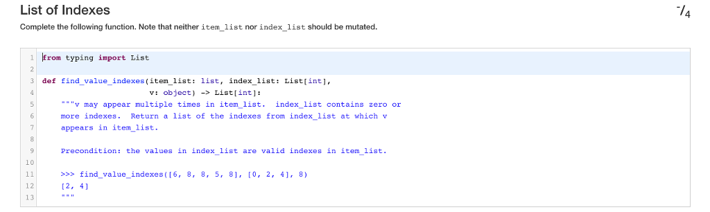 List Of Indexes Complete The Following Function Note 