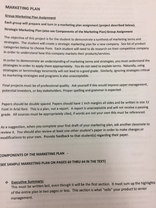 Solved MARKETING PLAN Group Marketing Plan Assignment Each | Chegg.com