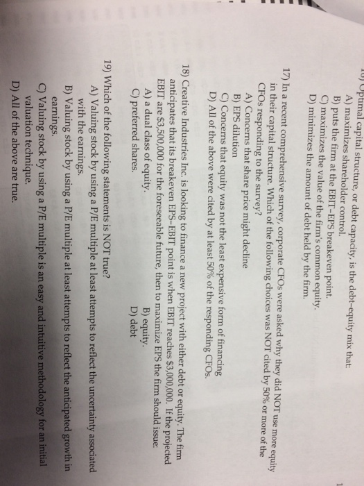 Solved 10 Optimal capital structure, or debt capacity, is | Chegg.com