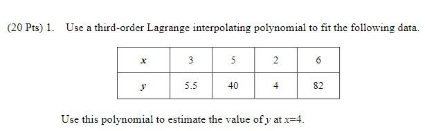 Solved (20 Pts) 1. Use a third-order Lagrange interpolating | Chegg.com