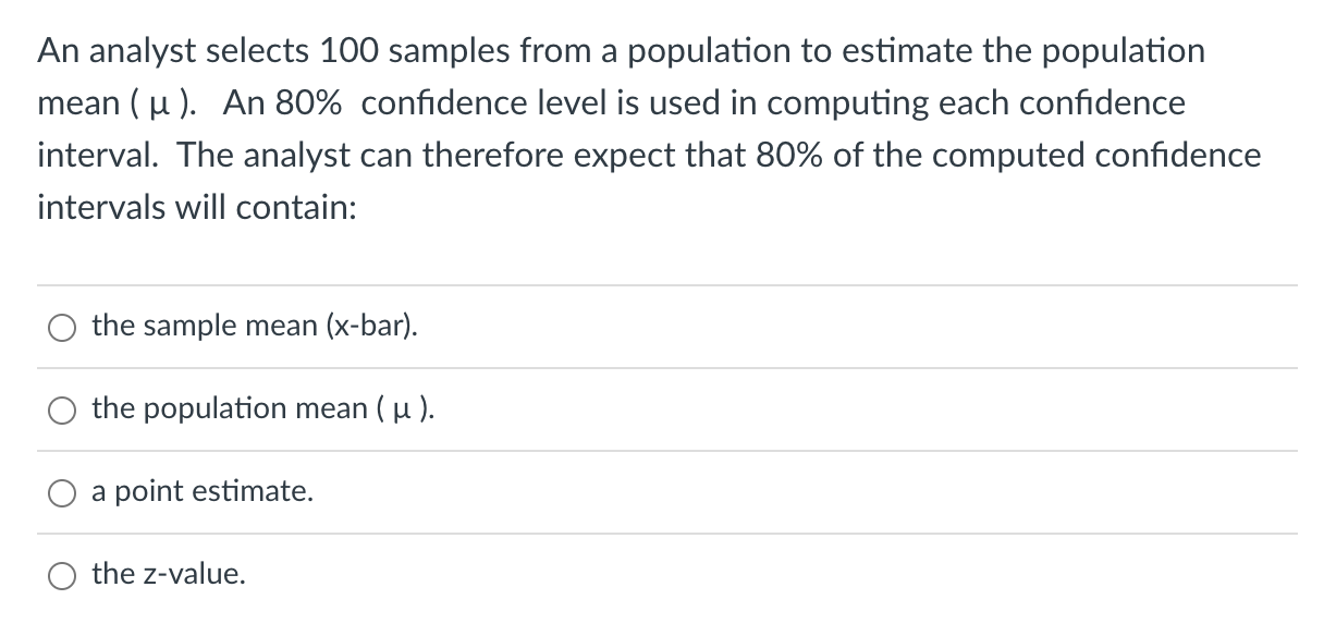 Solved An analyst selects 100 samples from a population to | Chegg.com