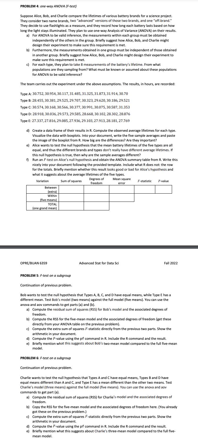 Problem 4 One Way Anova F Test Suppose Alice Bob