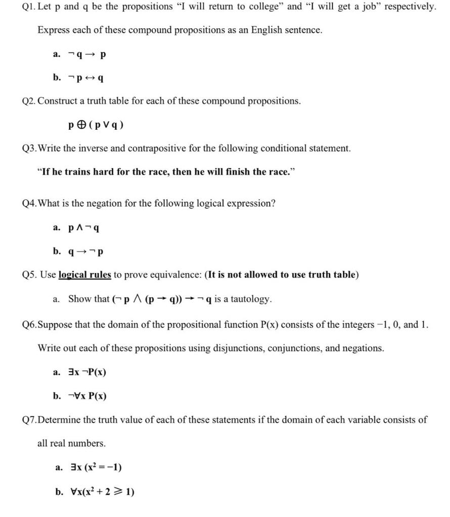 Solved Q1. Let p and q be the propositions “I will return to | Chegg.com