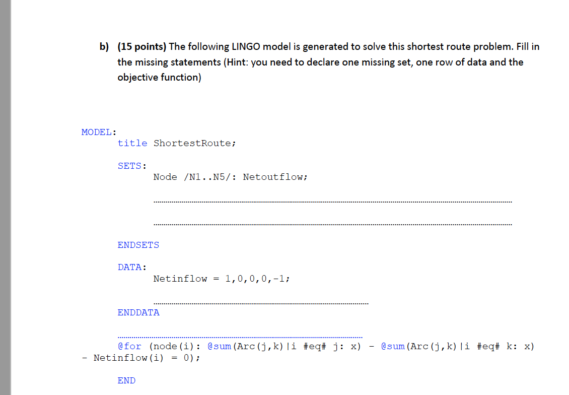Solved b) (15 points) The following LINGO model is generated | Chegg.com