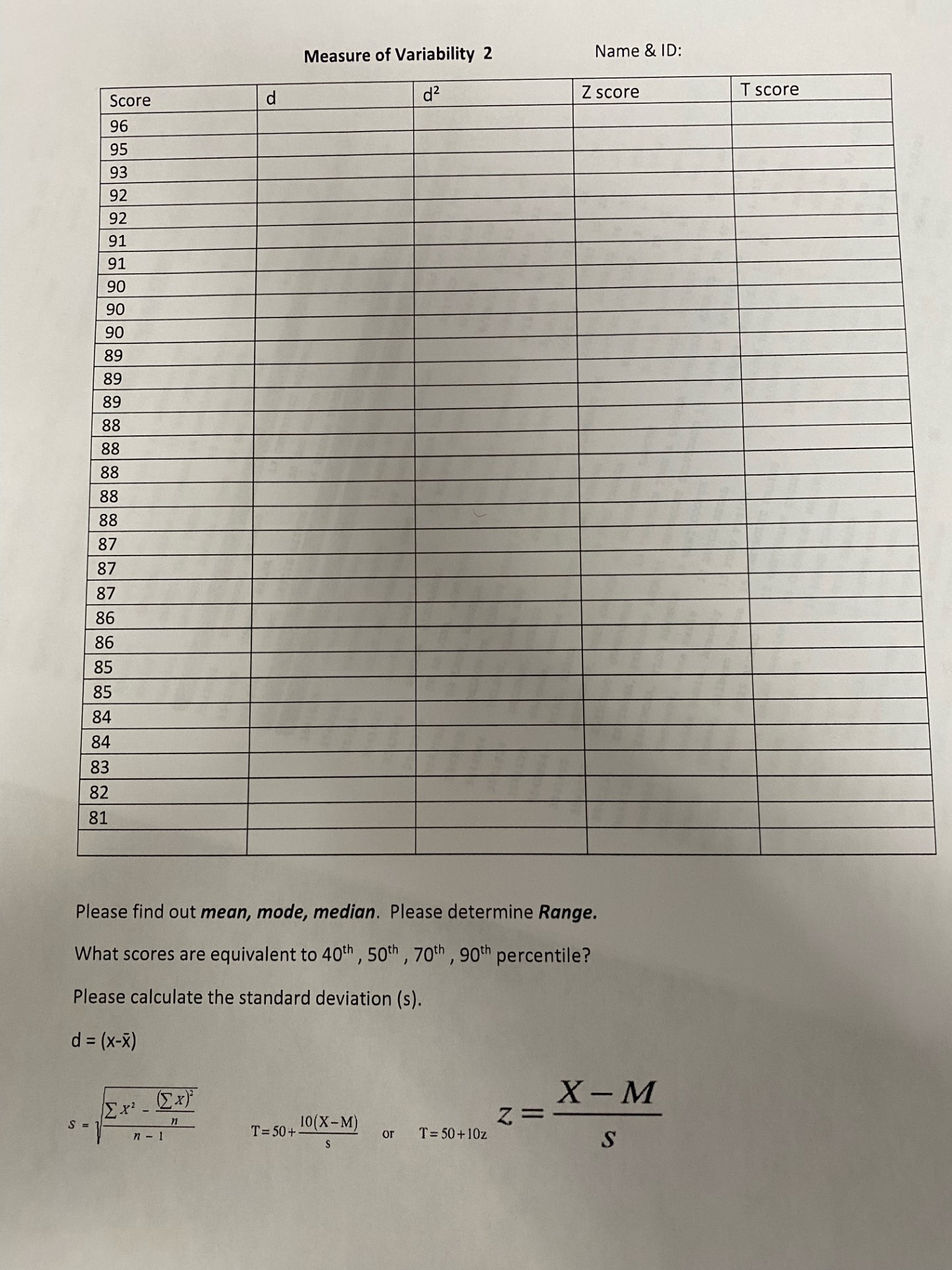 Measure of Variability 2 Name \& ID: Please find out | Chegg.com