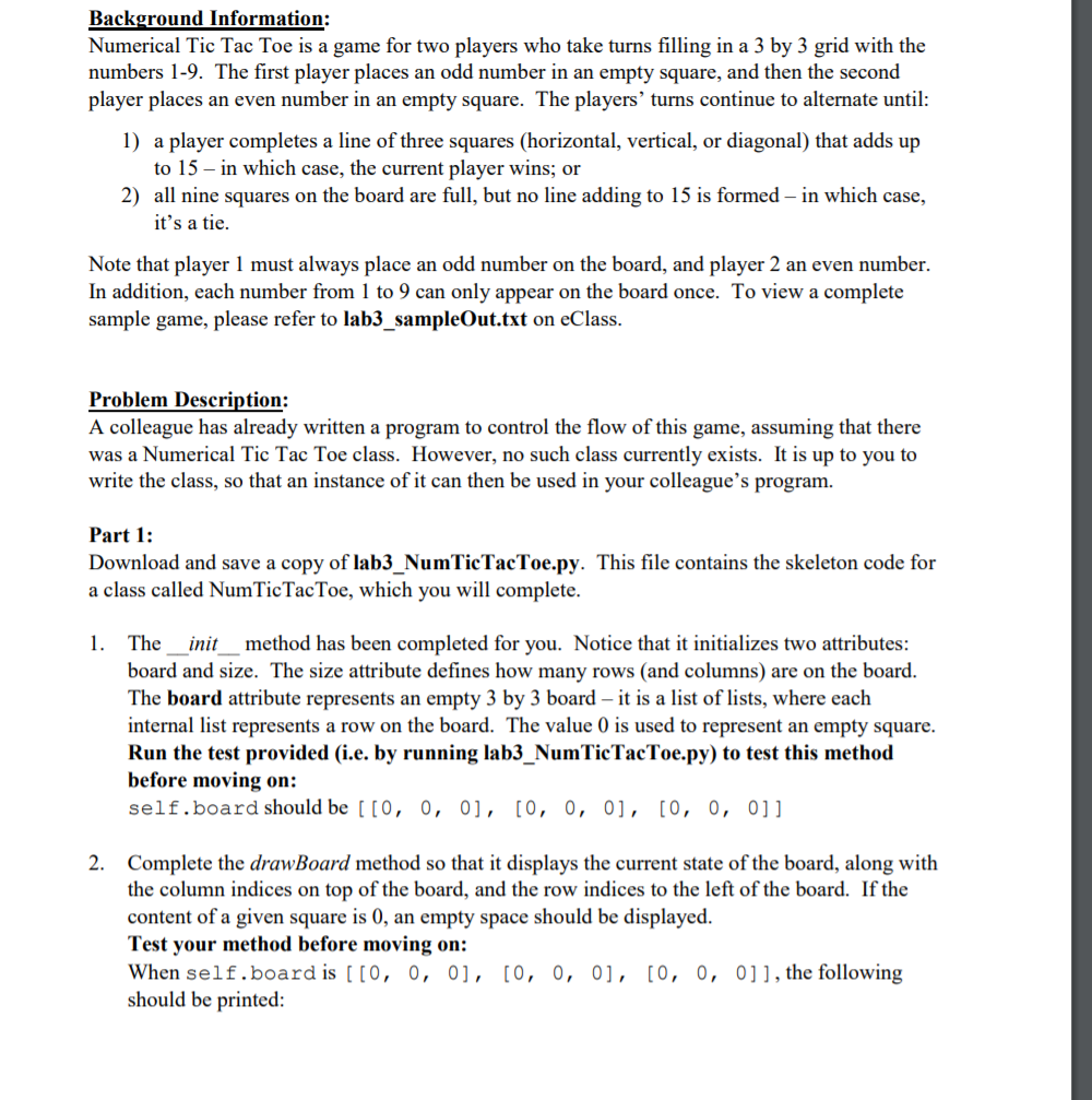 Solved Background Information: Numerical Tic Tac Toe is a | Chegg.com