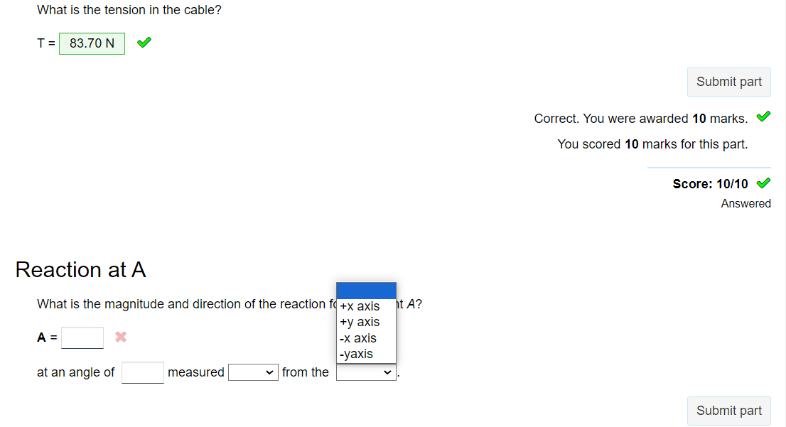 Solved What is the tension in the cable? T= Correct. You | Chegg.com
