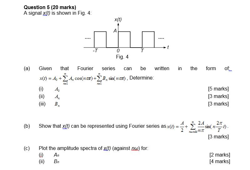 Solved Question 5 (20 marks) A signal x(t) is shown in Fig.4 | Chegg.com